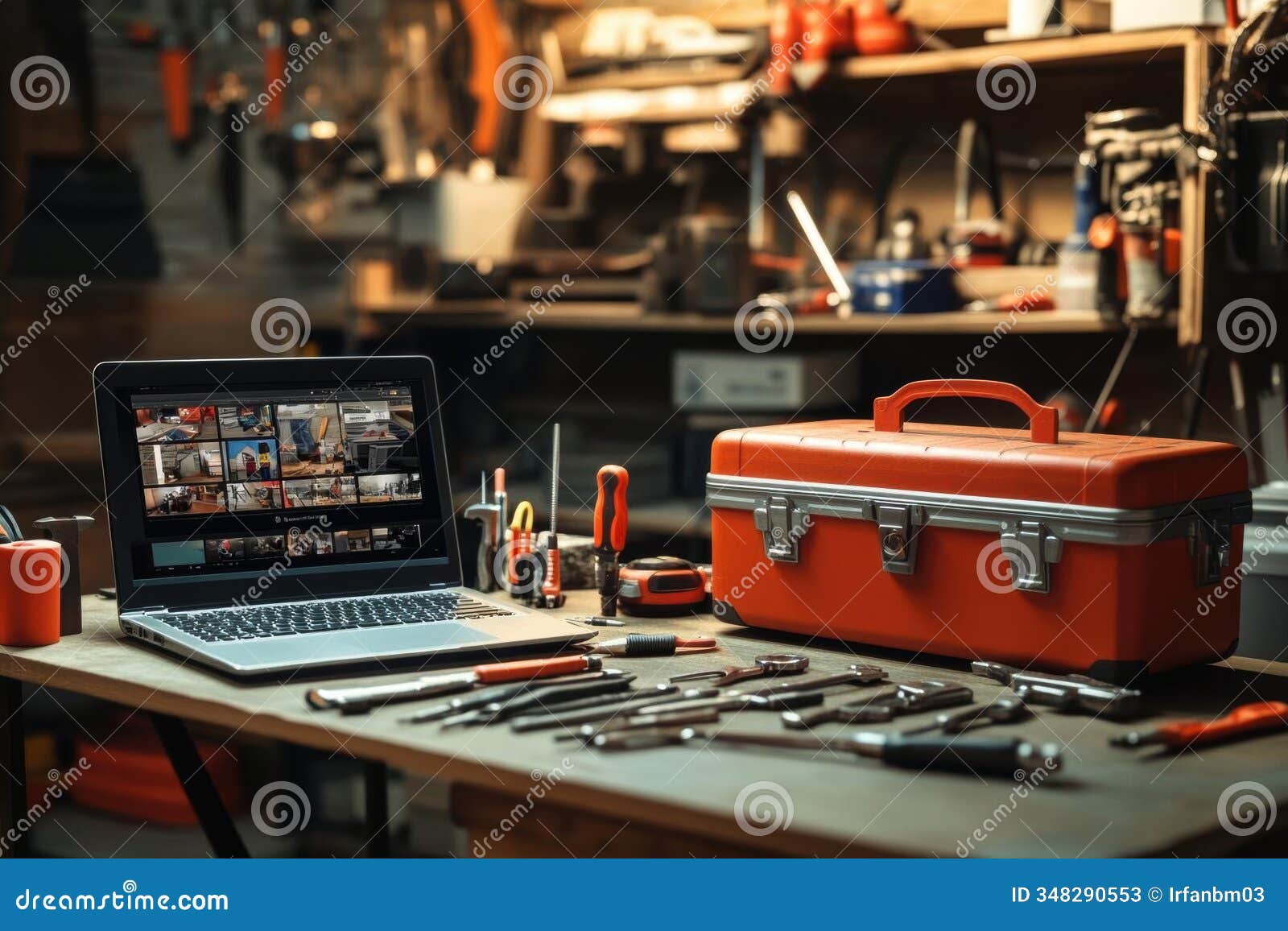 Laptop, Toolbox, and Tools on a Wooden Workbench in a Garage Stock ...