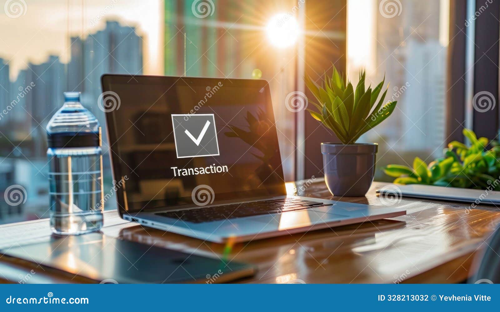 Laptop with Transaction Confirmation on Screen, Surrounded by Plants ...