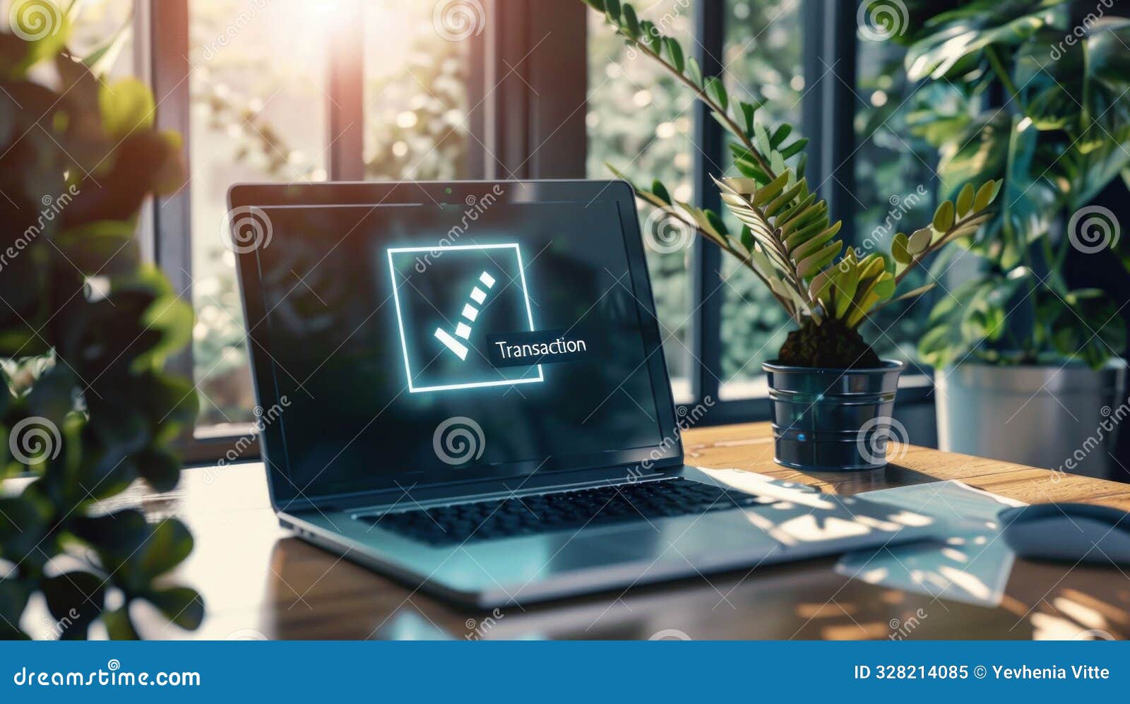 Laptop with Transaction Confirmation on Screen, Surrounded by Plants ...