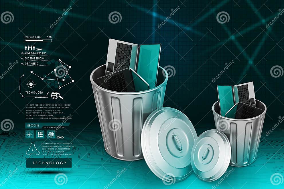 Laptop in trash bin stock illustration. Illustration of discard - 54521379