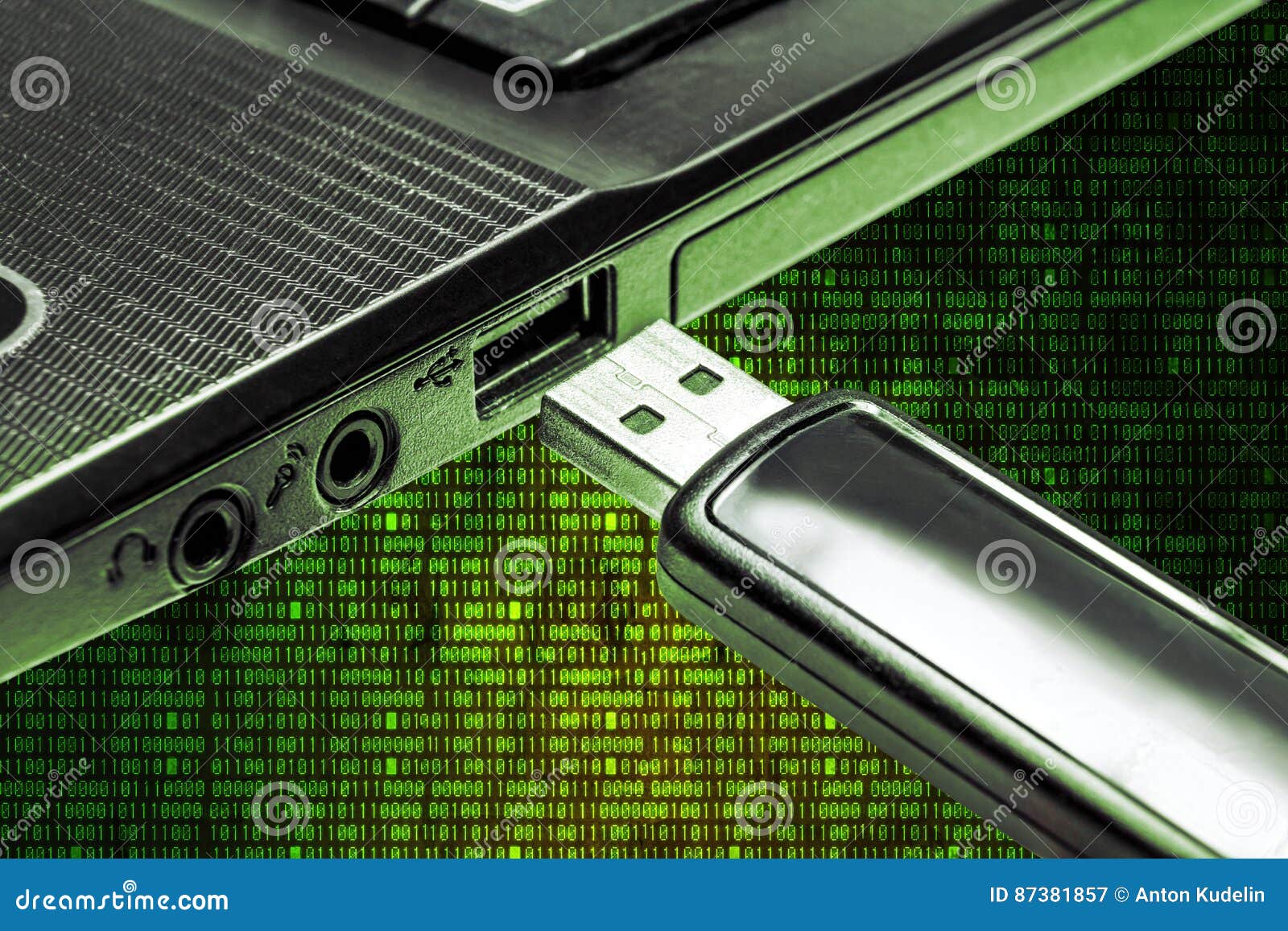 Laptop with USB Flash Drive Against Running Numbers Matrix Stock Image ...