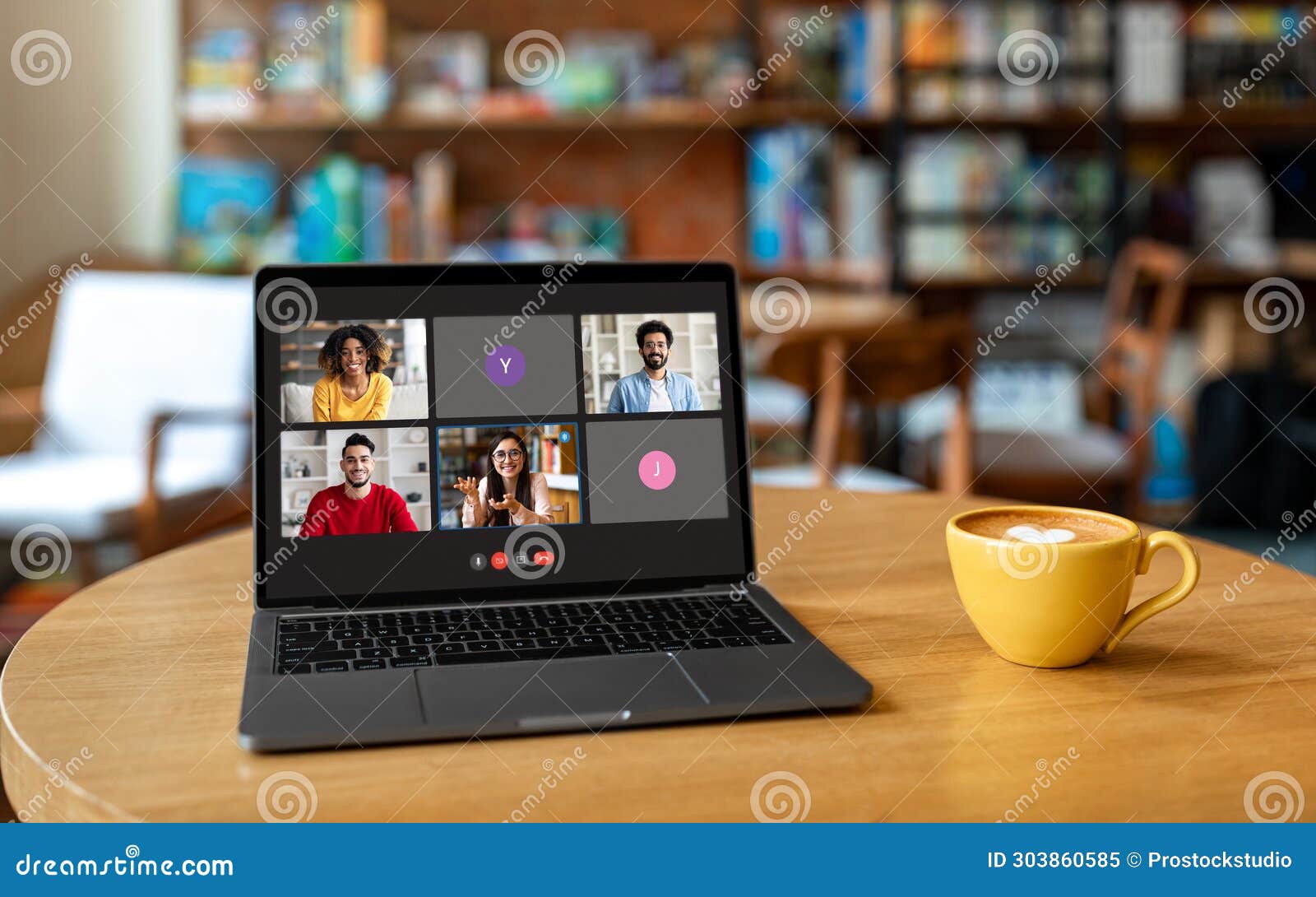 Laptop with Video Call Screen on Table at Cafe Stock Image - Image of ...
