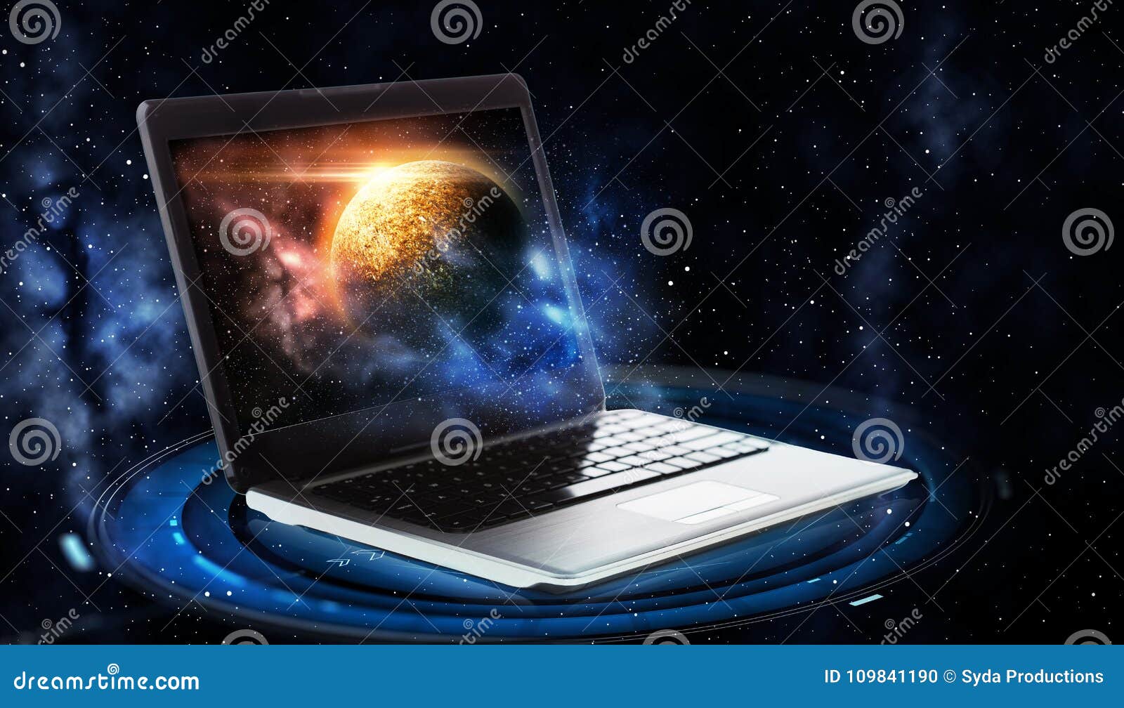 Laptop with Virtual Planet and Space Hologram Stock Photo - Image of ...