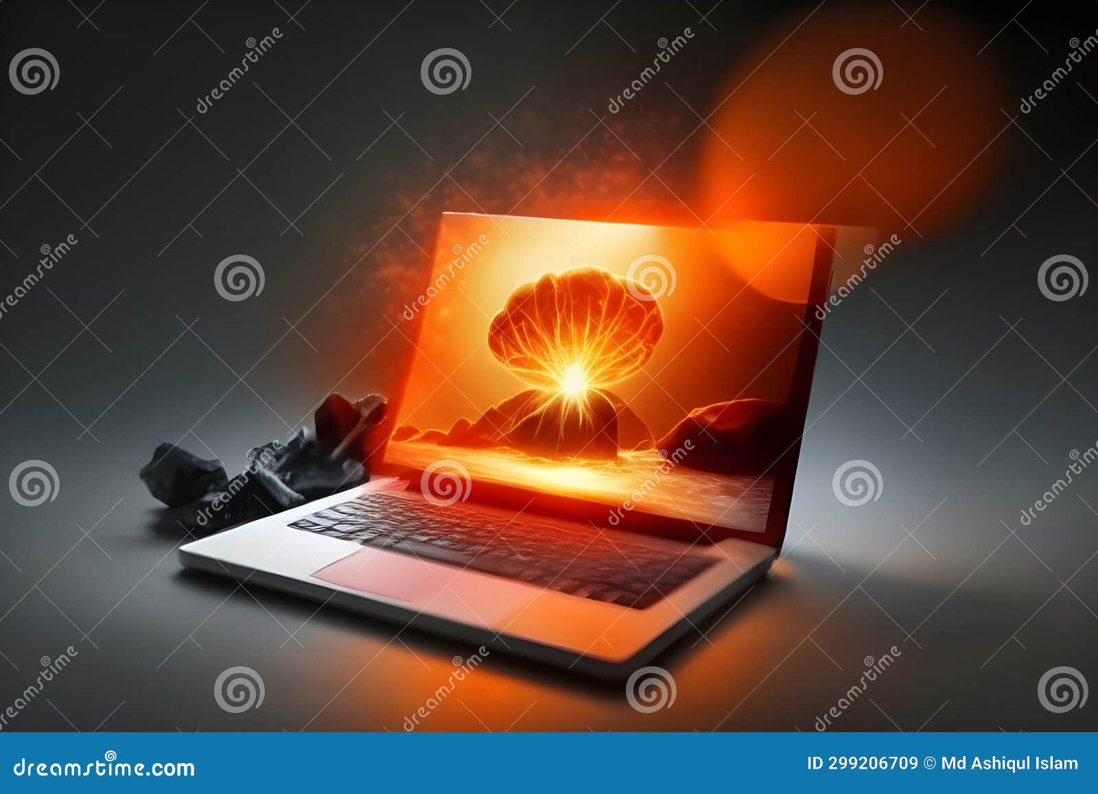 Laptop with Volcano Explosion on the Screen. 3D Rendering Stock ...
