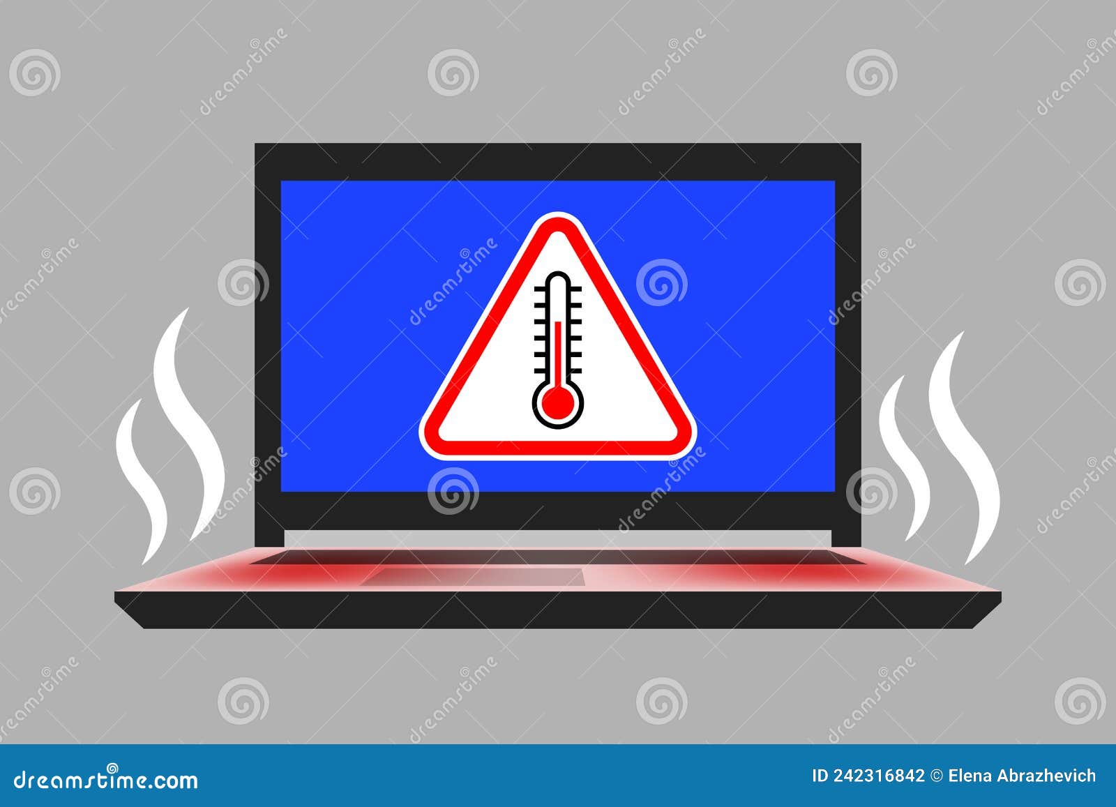 Laptop, Warning Sign with Thermometer Icon Inside and Hot Steam Stock ...