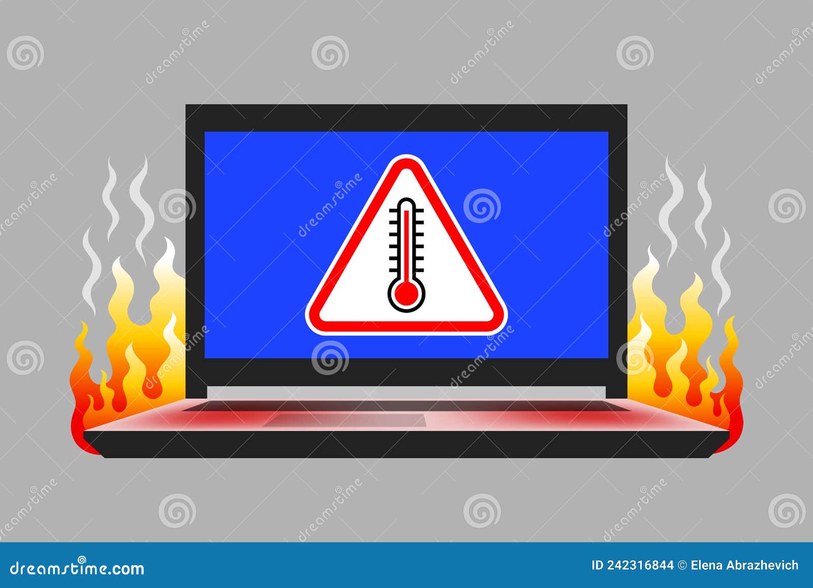 Laptop With Flame And Thermometer Displaying High Temperature Cartoon ...