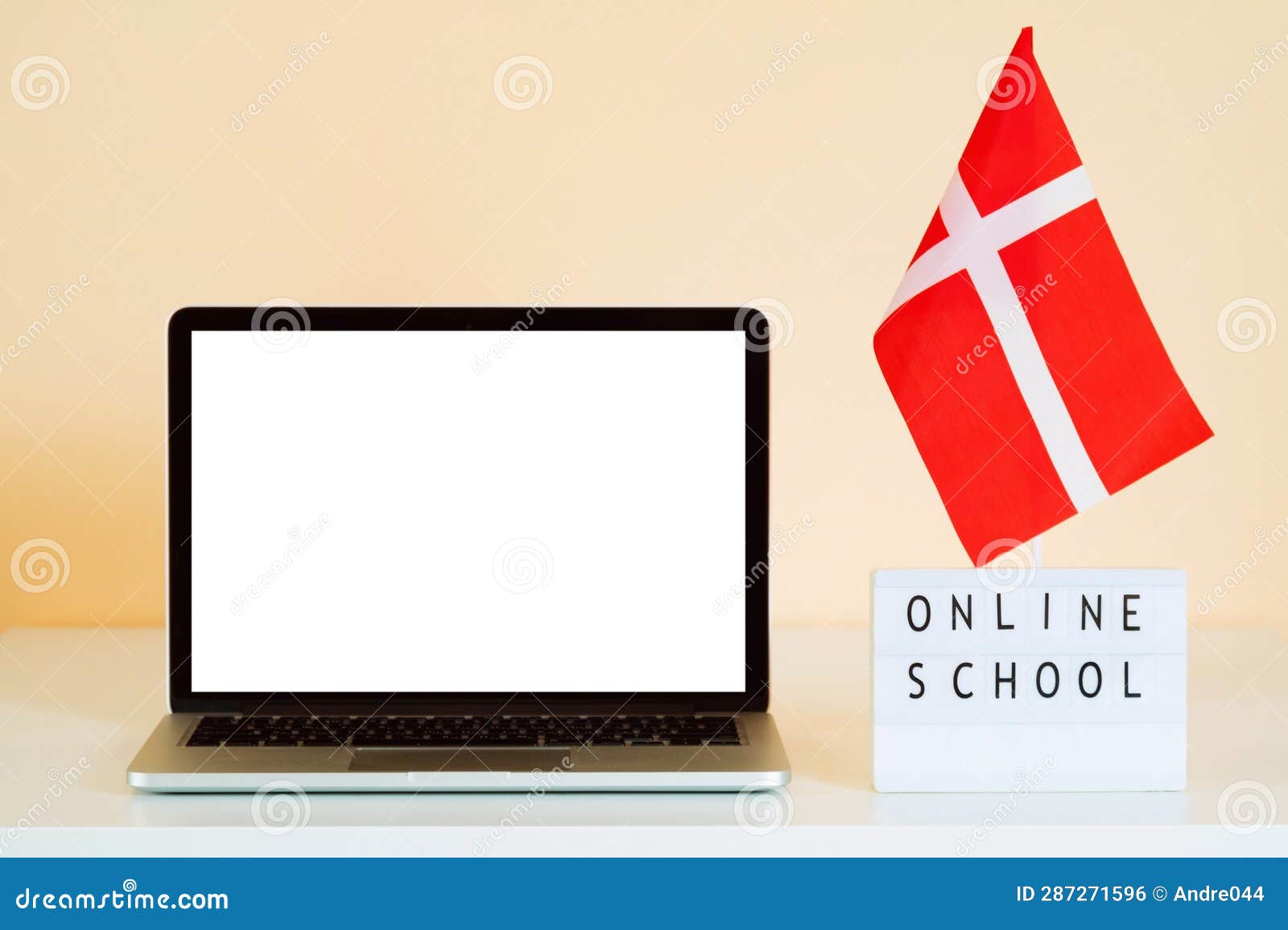 Laptop with White Screen and Denmark Flag and Text ONLINE SCHOOL Stock ...