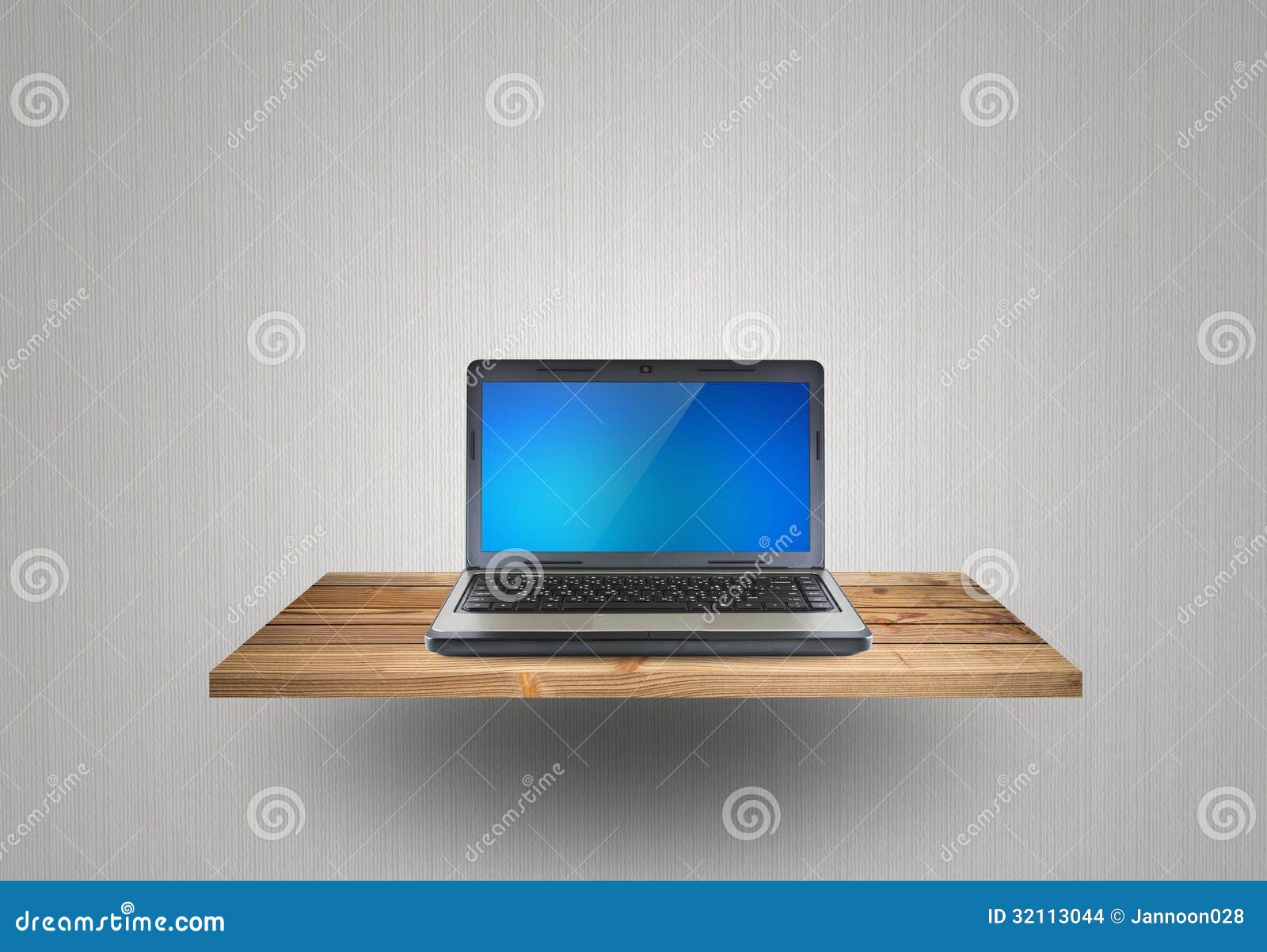 Laptop on wood shelf stock photo. Image of laptop, wall - 32113044