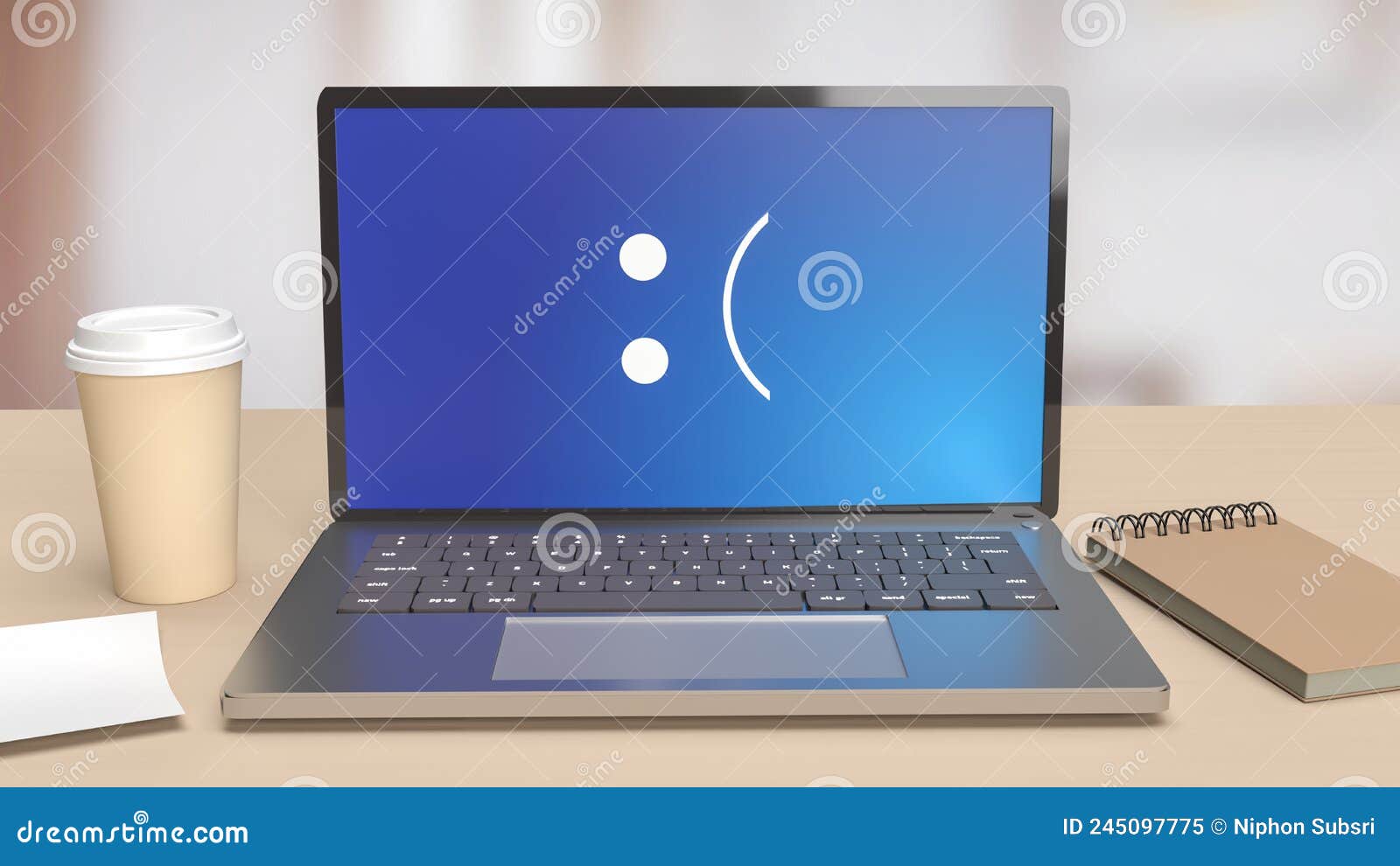 The Laptop on Wood Table Showing Blue Screen Error 3d Rendering Stock ...