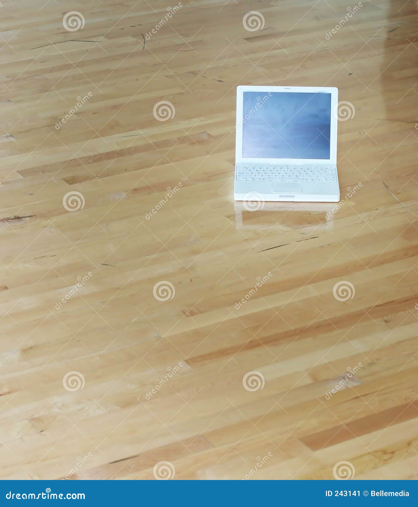 Laptop on Wooden Floor stock image. Image of start, screen - 243141