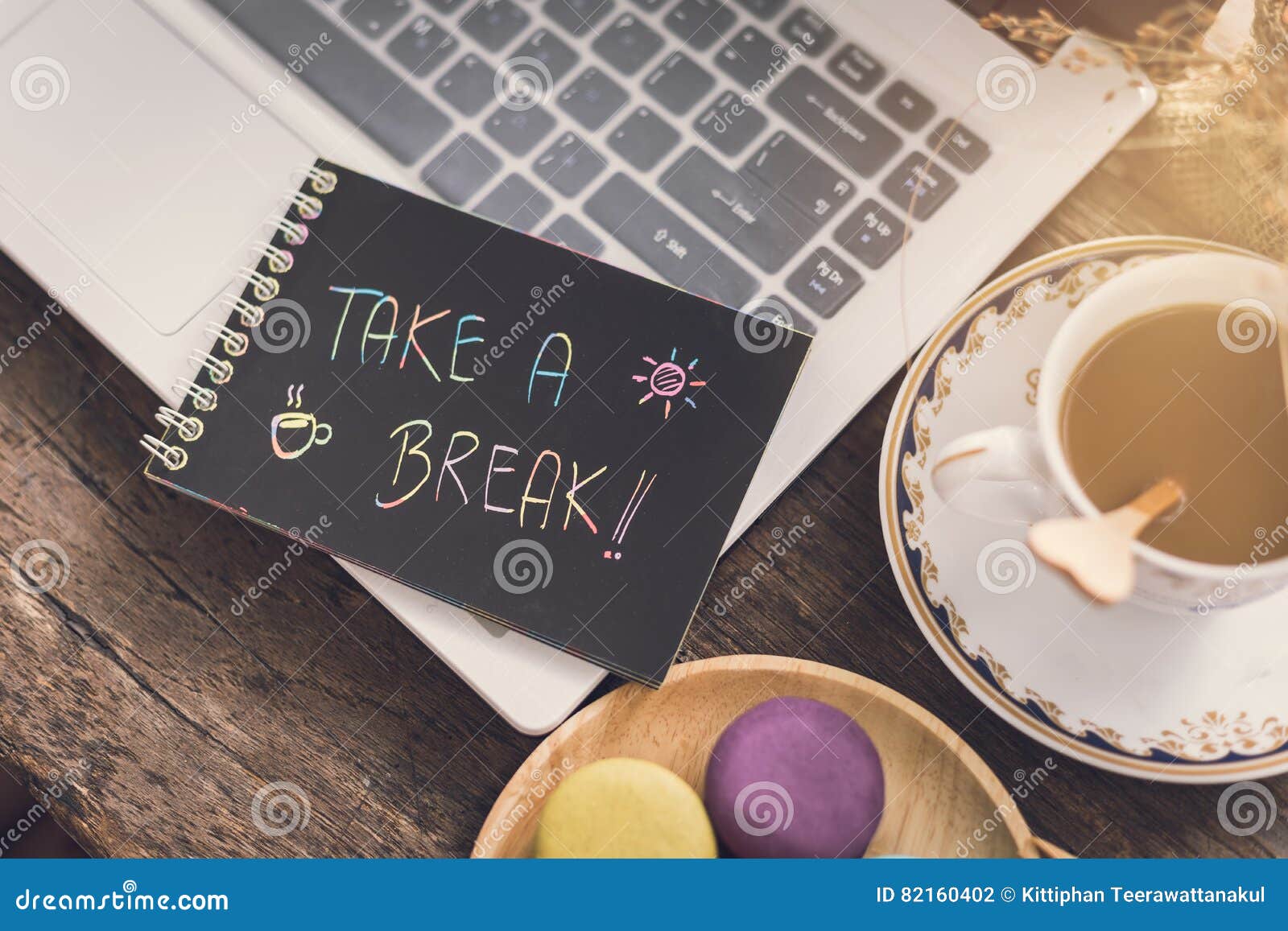 Laptop on Wooden Table with Coffee and Take a Break Note Stock Photo ...