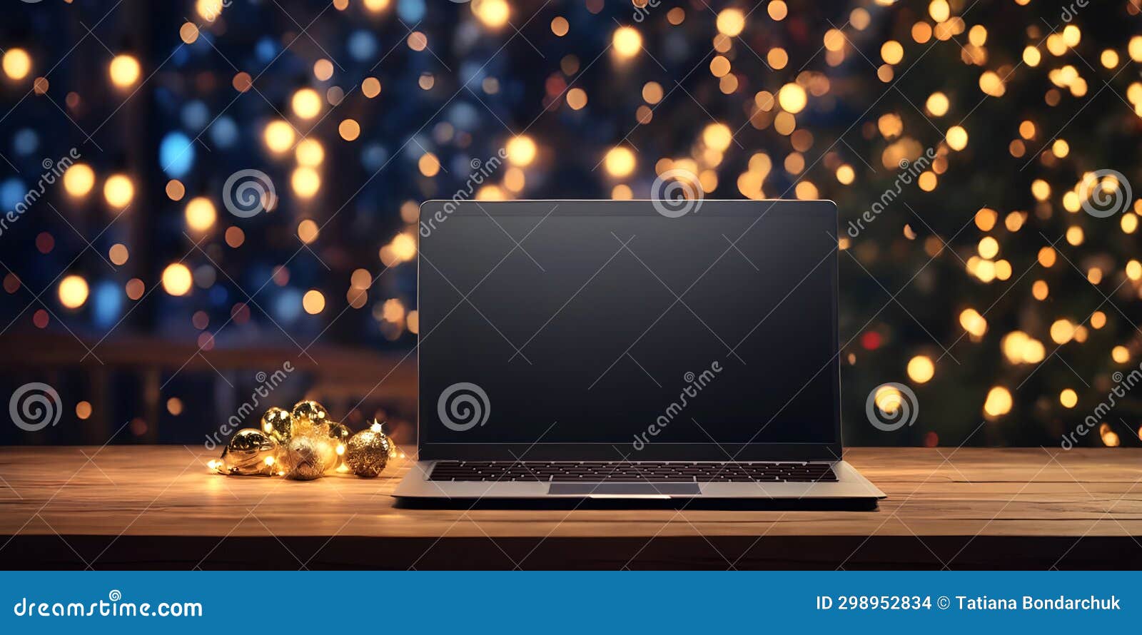 Laptop on Wooden Table in Front of Defocused Christmas Lights Stock ...