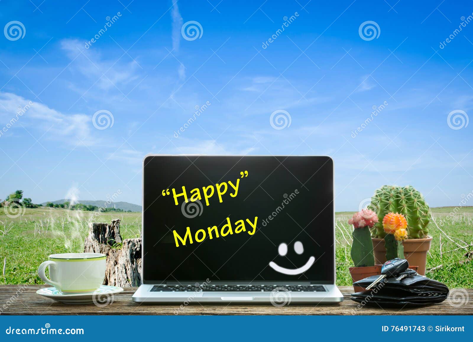 Laptop on Wooden Table, Happy Monday Stock Image - Image of wooden ...