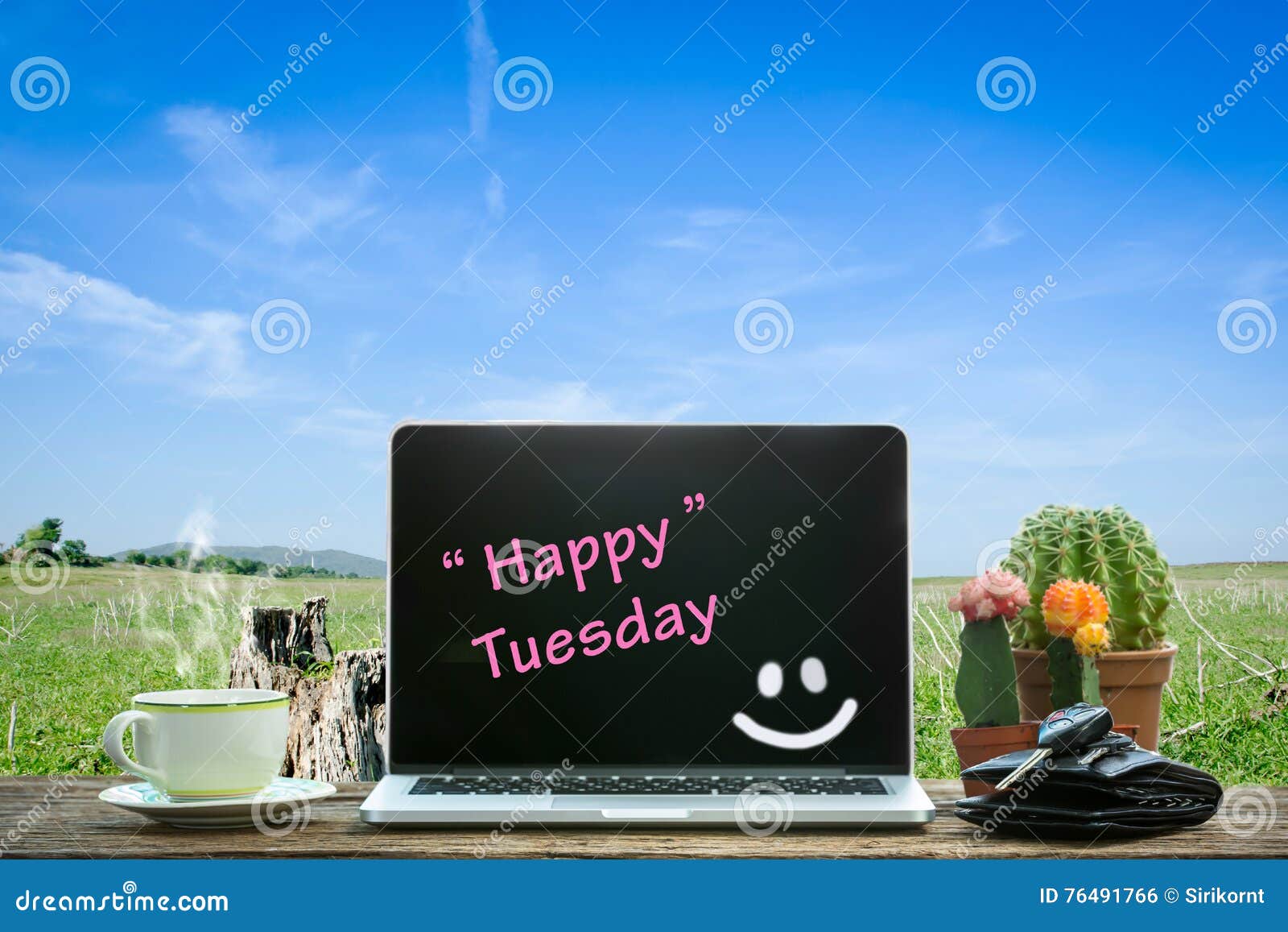 Laptop on Wooden Table, Happy Tuesday Stock Photo - Image of workplace ...