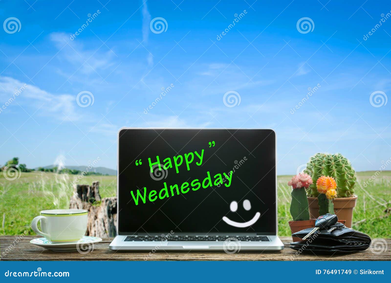 Laptop on Wooden Table, Happy Wednesday Stock Image - Image of wallet ...