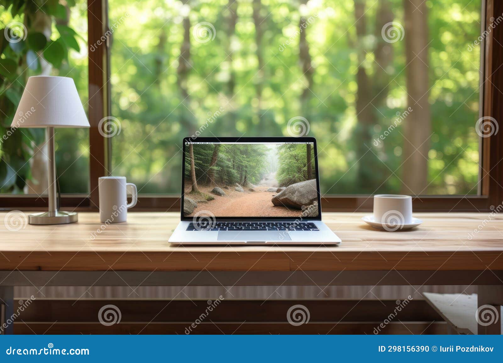 Laptop on Table with Nature View and Window, Emphasizing Remote Work ...