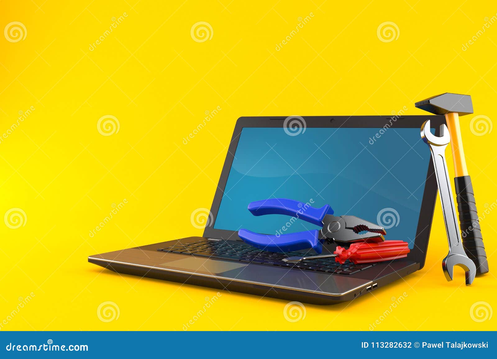 Laptop with work tools stock illustration. Illustration of black ...