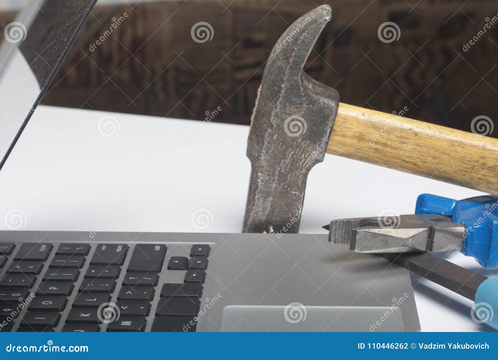 Laptop and Work Tools. on the White Surface of the Table is a Tablet ...