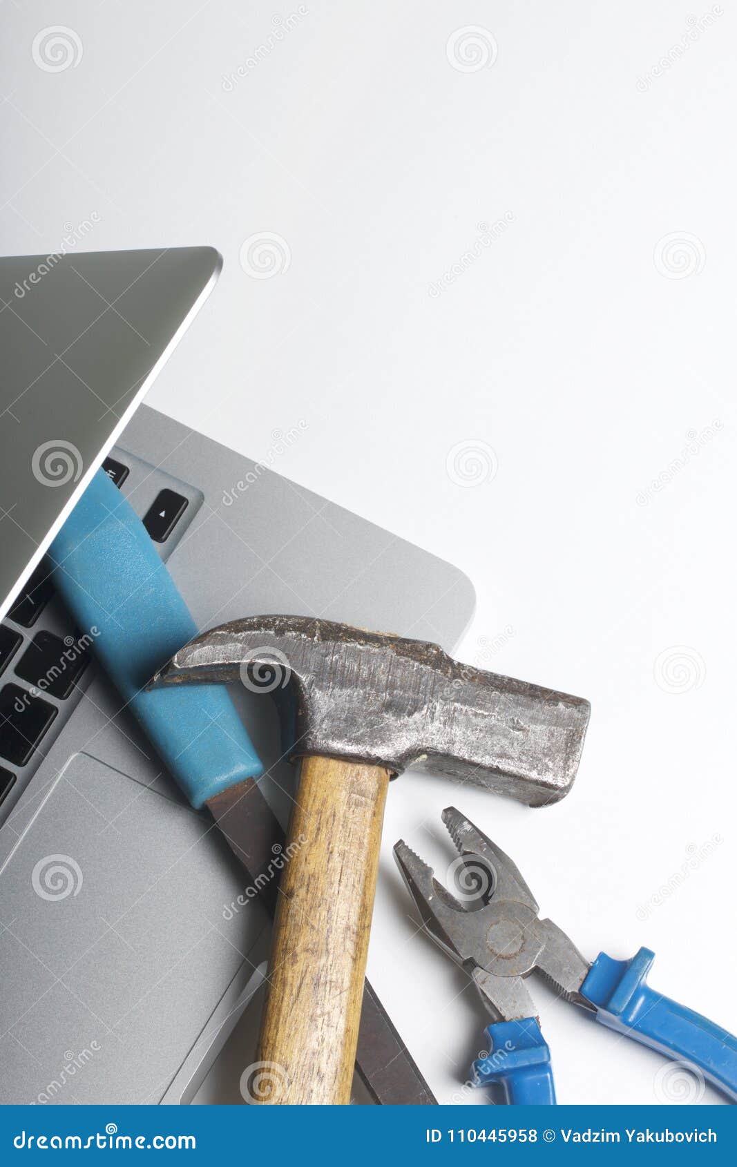 Laptop and Work Tools. on the White Surface of the Table is a Tablet ...