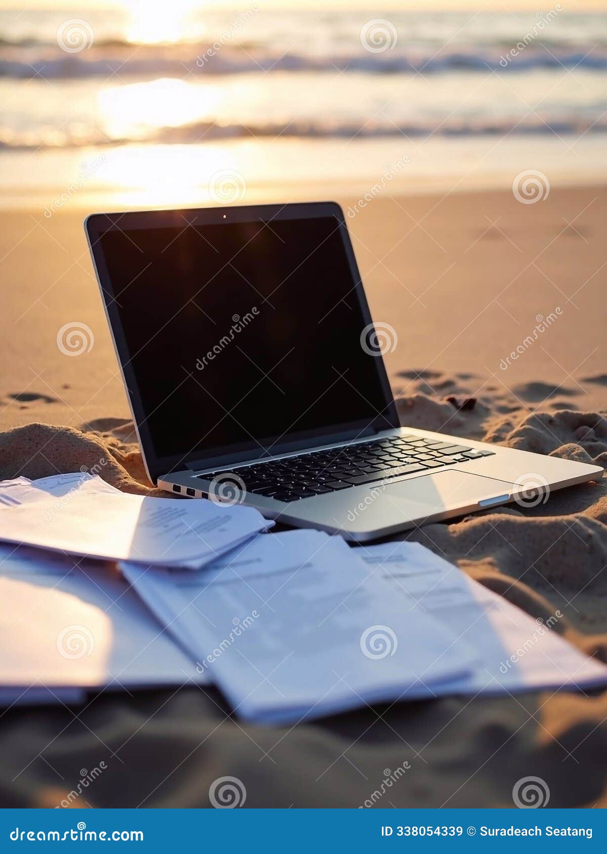 Laptop are Working on the Beach Stock Illustration - Illustration of ...