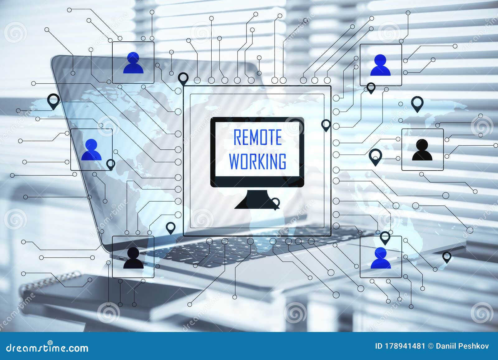 Laptop on Workplace Table with Remote Work Interface Stock Image ...