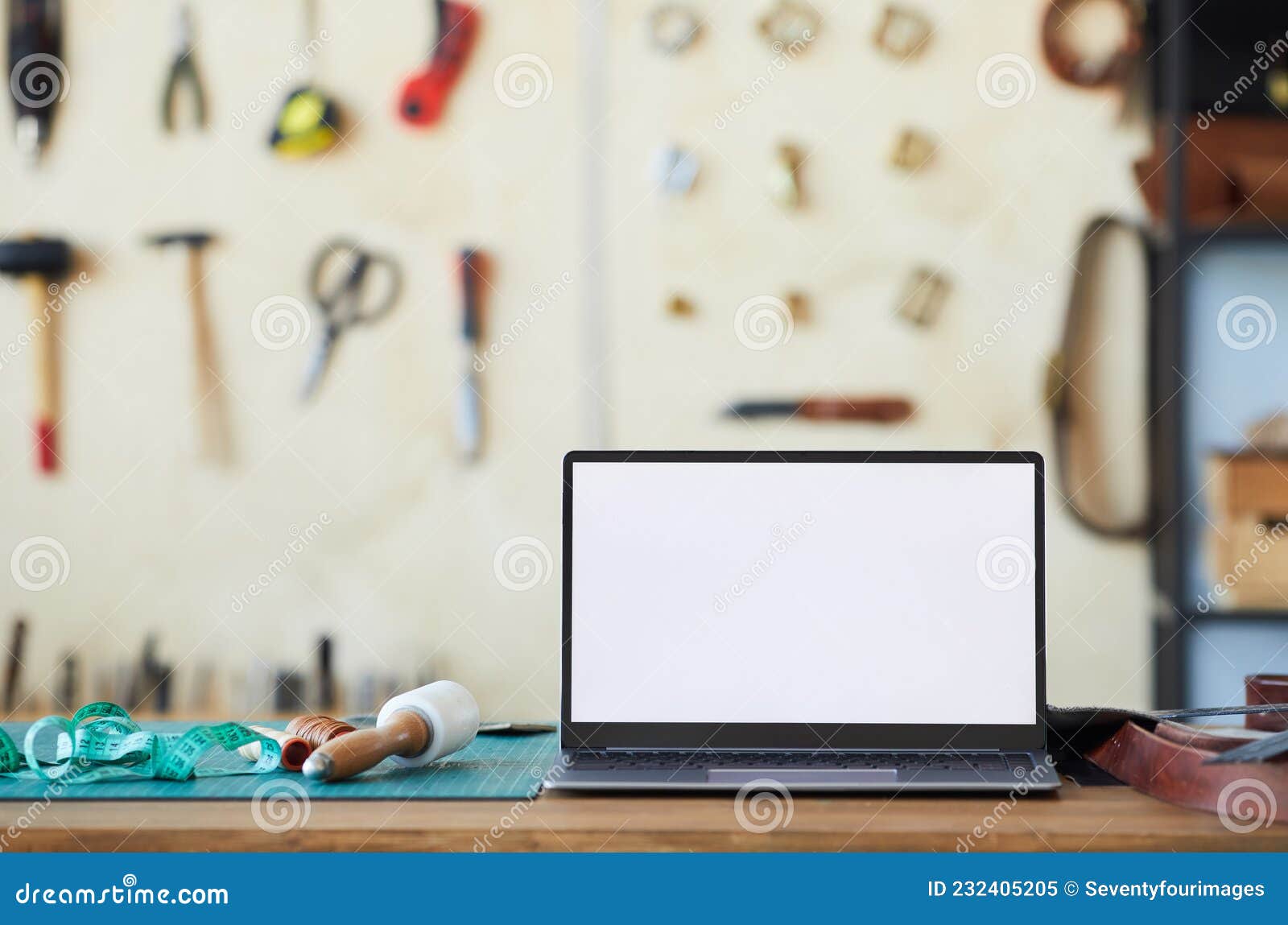 Laptop in Workshop Background Stock Image - Image of handmade, internet ...