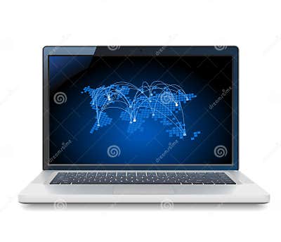 Laptop with World map stock vector. Illustration of travel - 14363628