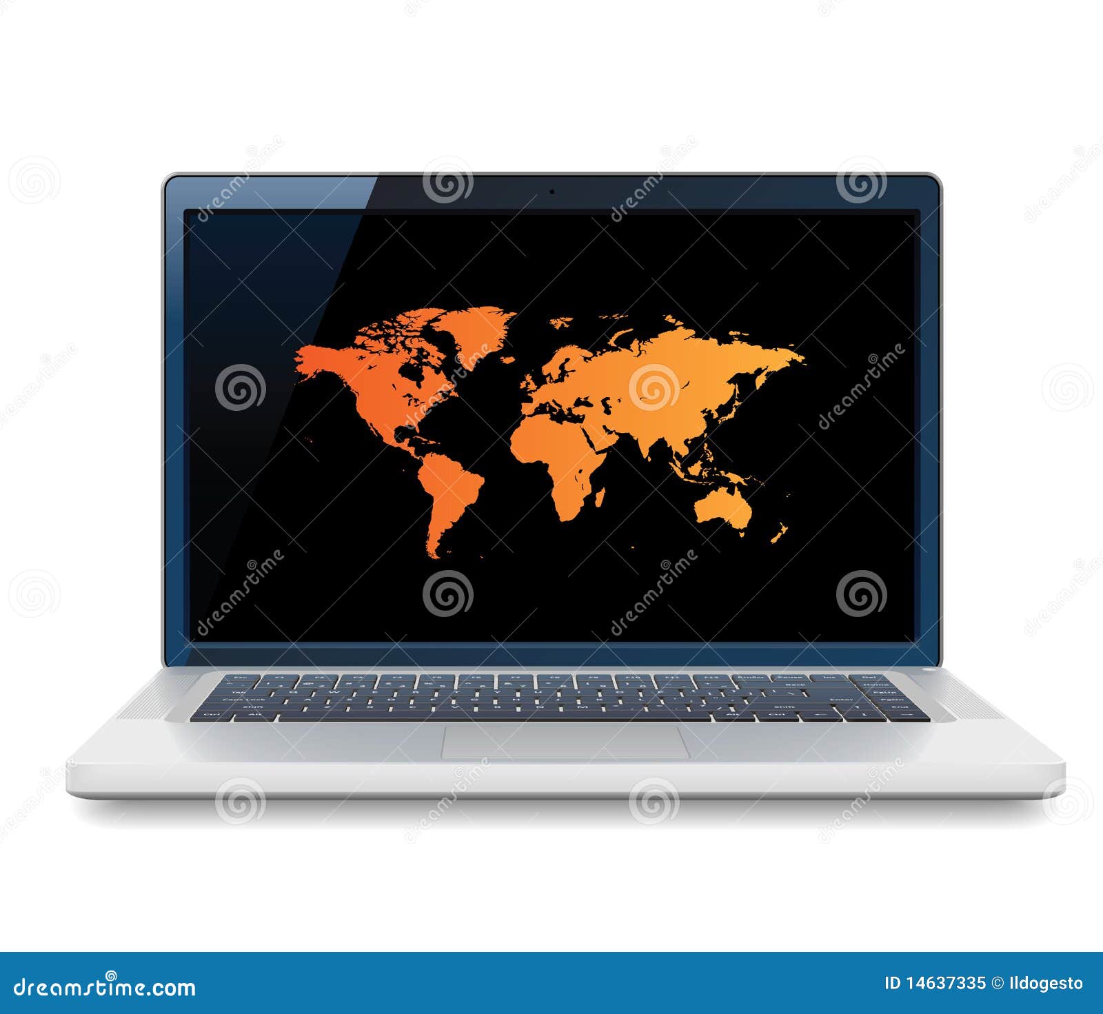 Laptop with World map stock vector. Illustration of silver - 14637335