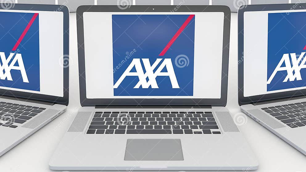 Laptops with AXA Logo on the Screen. Computer Technology Conceptual ...
