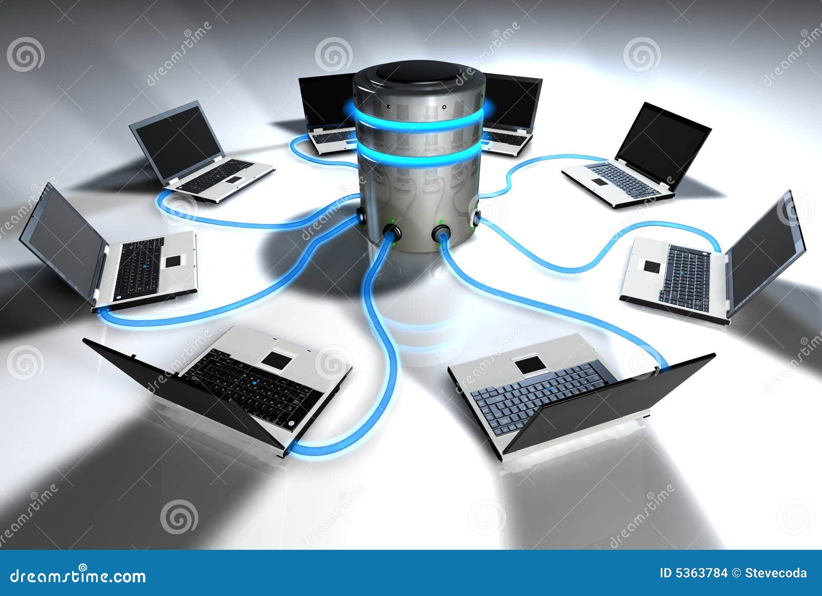 Laptops Communicating with Central Server Stock Illustration ...