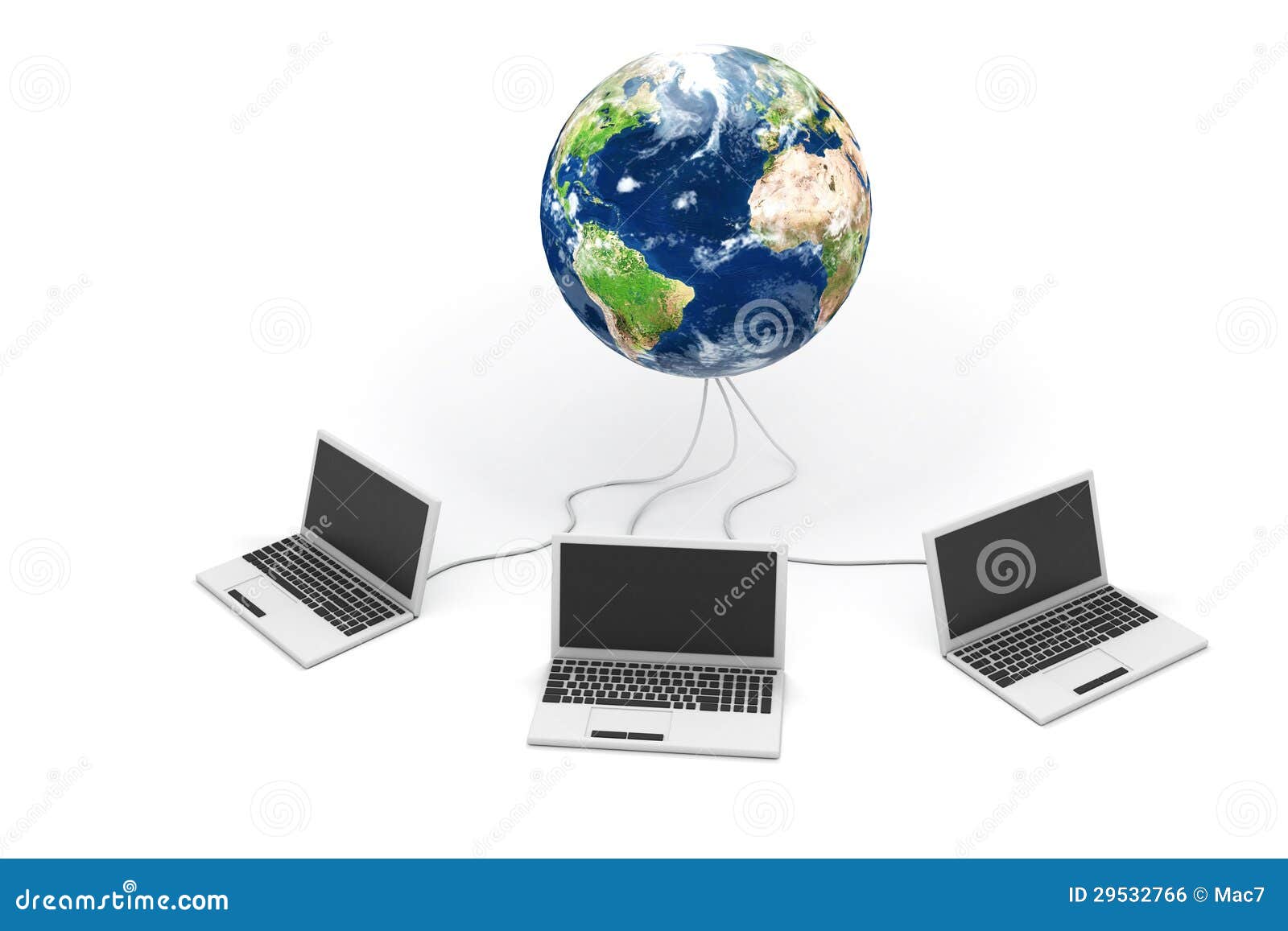 Laptops connected to world stock illustration. Illustration of online ...