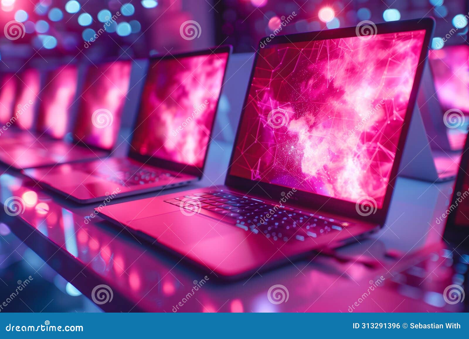 Laptops Displaying Dynamic Graphics with Radiant Glow in a Dark Room ...