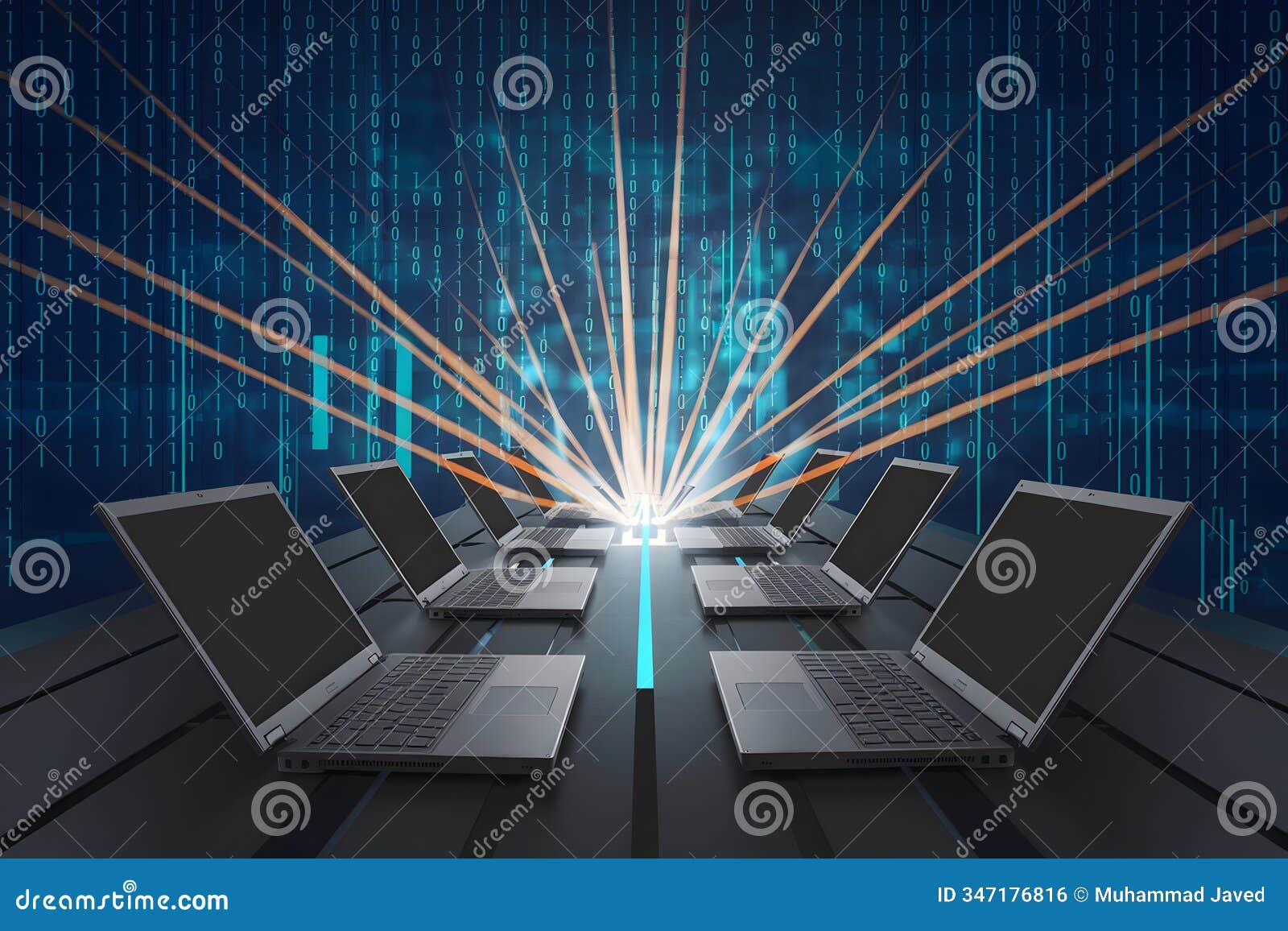 Laptops Emitting Light Beams Towards Central Point, Digital Matrix in ...