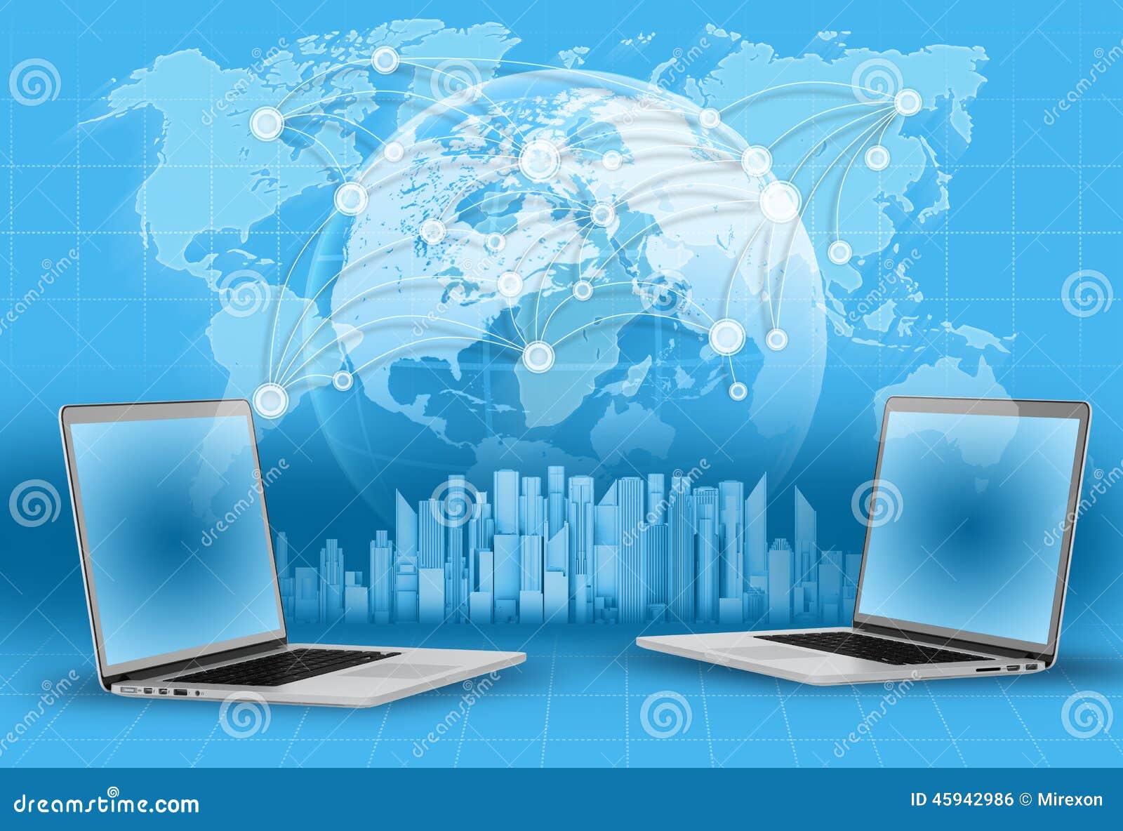 Laptops, Globe and World Map. Skyscrapers on Blue Stock Illustration ...