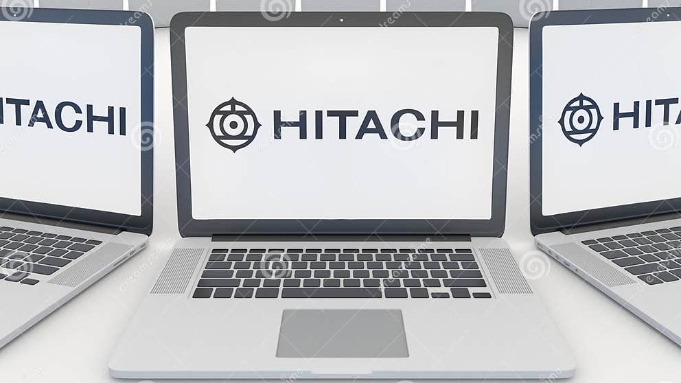 Laptops with Hitachi Logo on the Screen. Computer Technology Conceptual ...