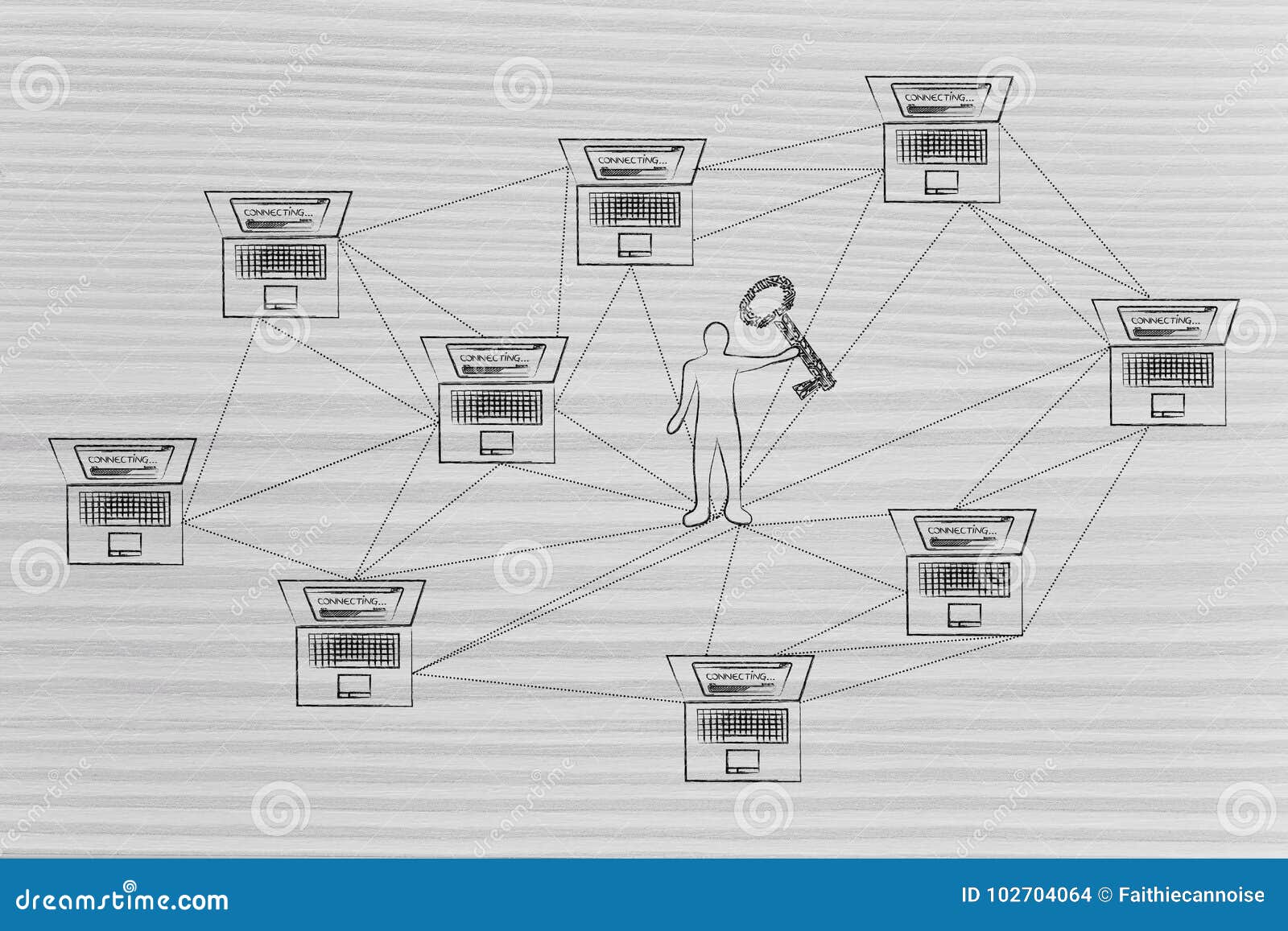 Laptops Linked with Each Other by Dashed Lines and Man Holding M Stock ...