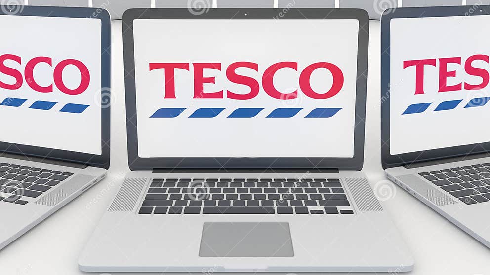 Laptops with Tesco Logo on the Screen. Computer Technology Conceptual ...