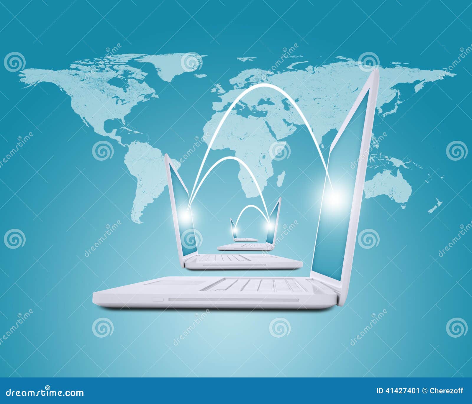 Laptops and world map stock illustration. Illustration of connection ...