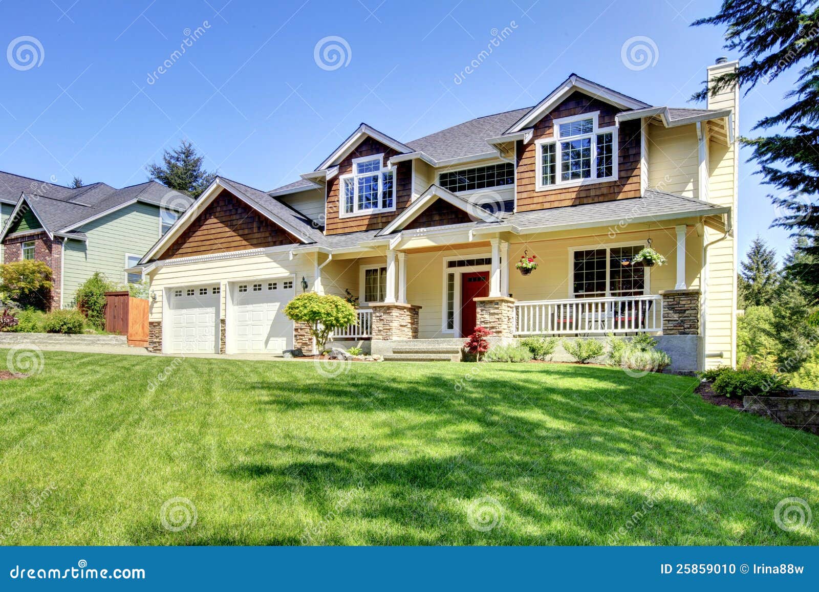 Large American Beautiful House with Red Door. Stock Photo - Image of ...