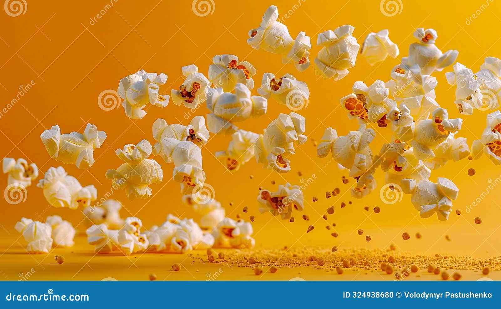 A Large Amount of Popcorn is Falling on a Yellow Background Stock Photo ...