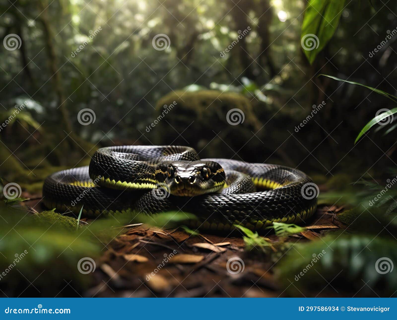 Large Anaconda Snake Is Laying On The Ground Grass. Giant Yellow And ...