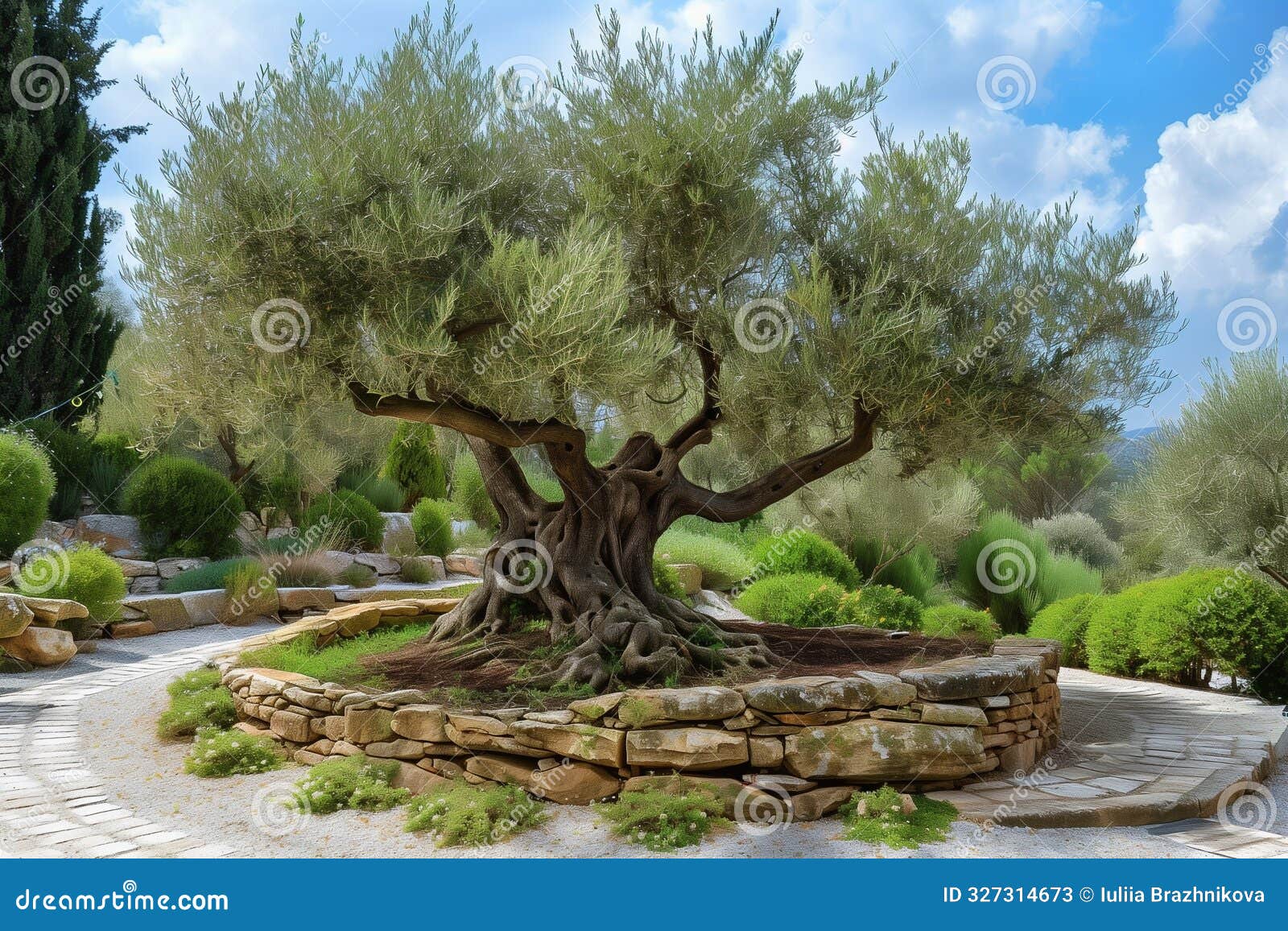 A Large, Ancient Olive Tree in the Center of an Open Field with Rocks ...