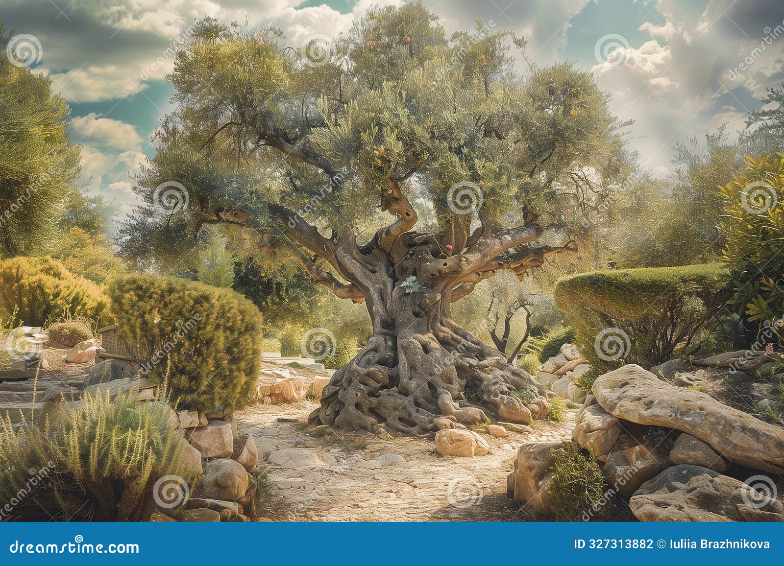 A Large, Ancient Olive Tree in the Center of an Open Field with Rocks ...