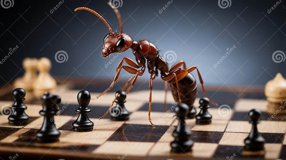 A Large Ant on a Chessboard Surrounded by Black and White Chess Pieces ...