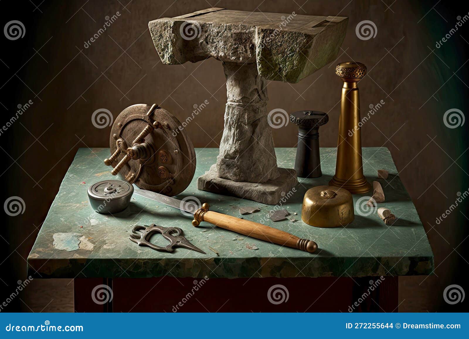 Large Anvil in Form of Stone Table with Hammer and Metal Objects Stock ...