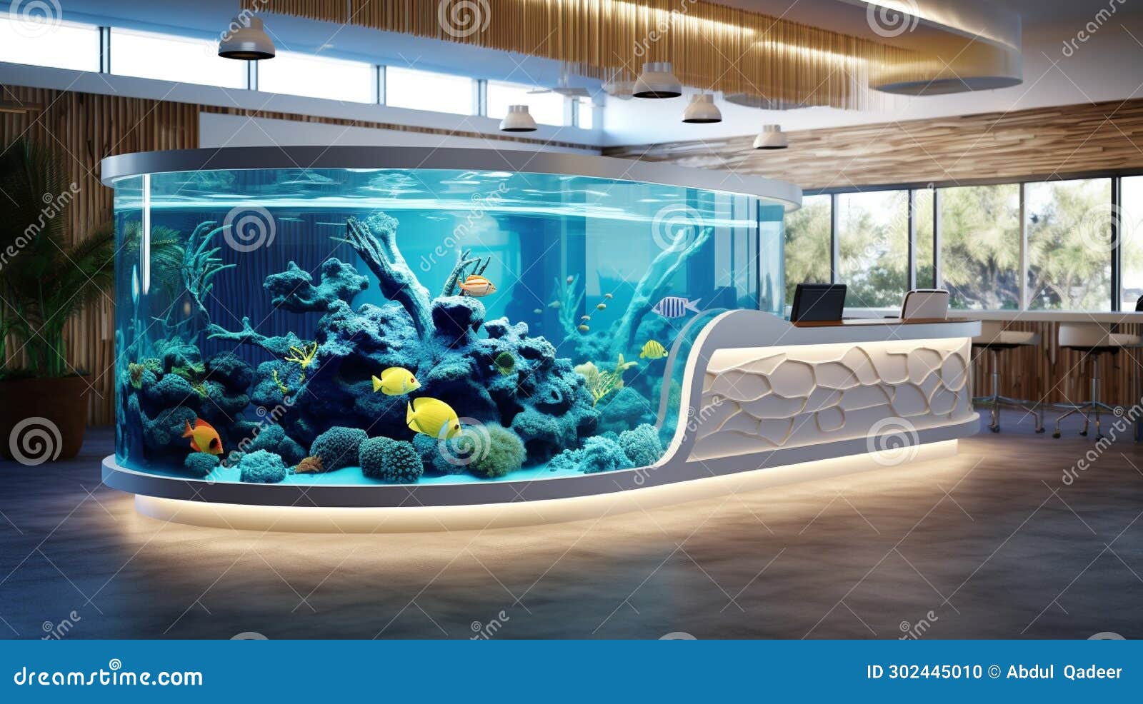A Large Aquarium Integrated into a Reception Desk, Featuring Exotic ...