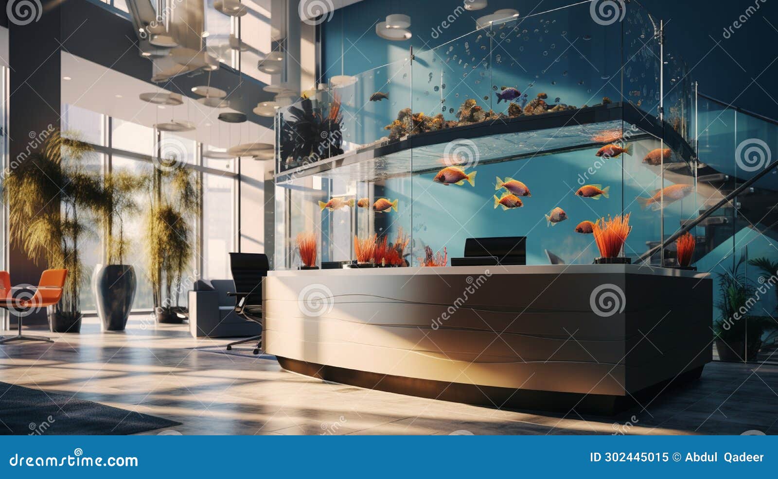 A Large Aquarium Integrated into a Reception Desk, Featuring Exotic ...