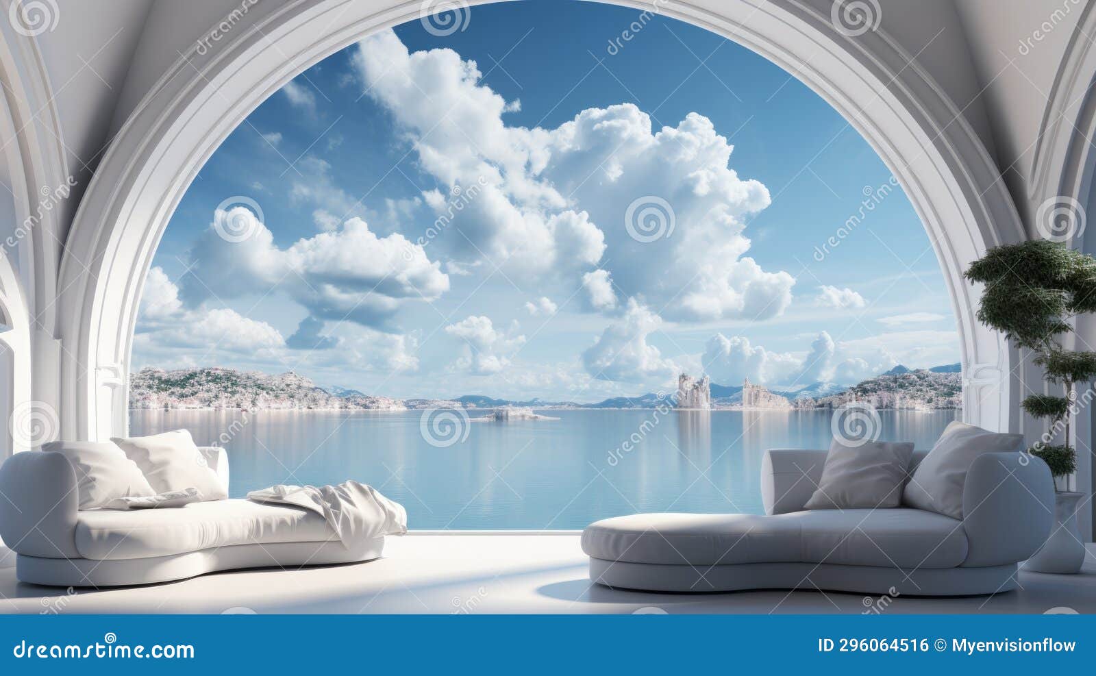 A Large Arched Window Overlooking a Body of Water Stock Illustration ...
