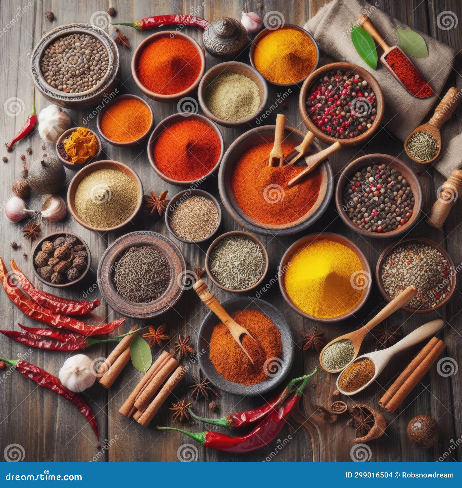 Large Array of Different Spices on Table Top Stock Illustration ...