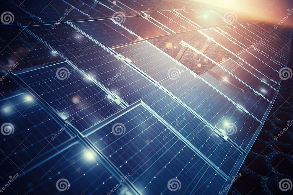A Large Array of Solar Panels in a Field with a Bright Sun in the ...